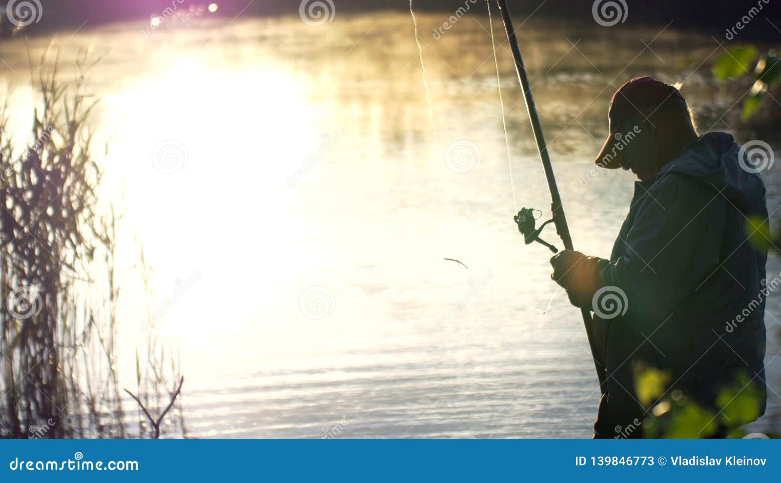 Man Fishing on the Pond at Sunset Stock Image - Image of beach, night ...
