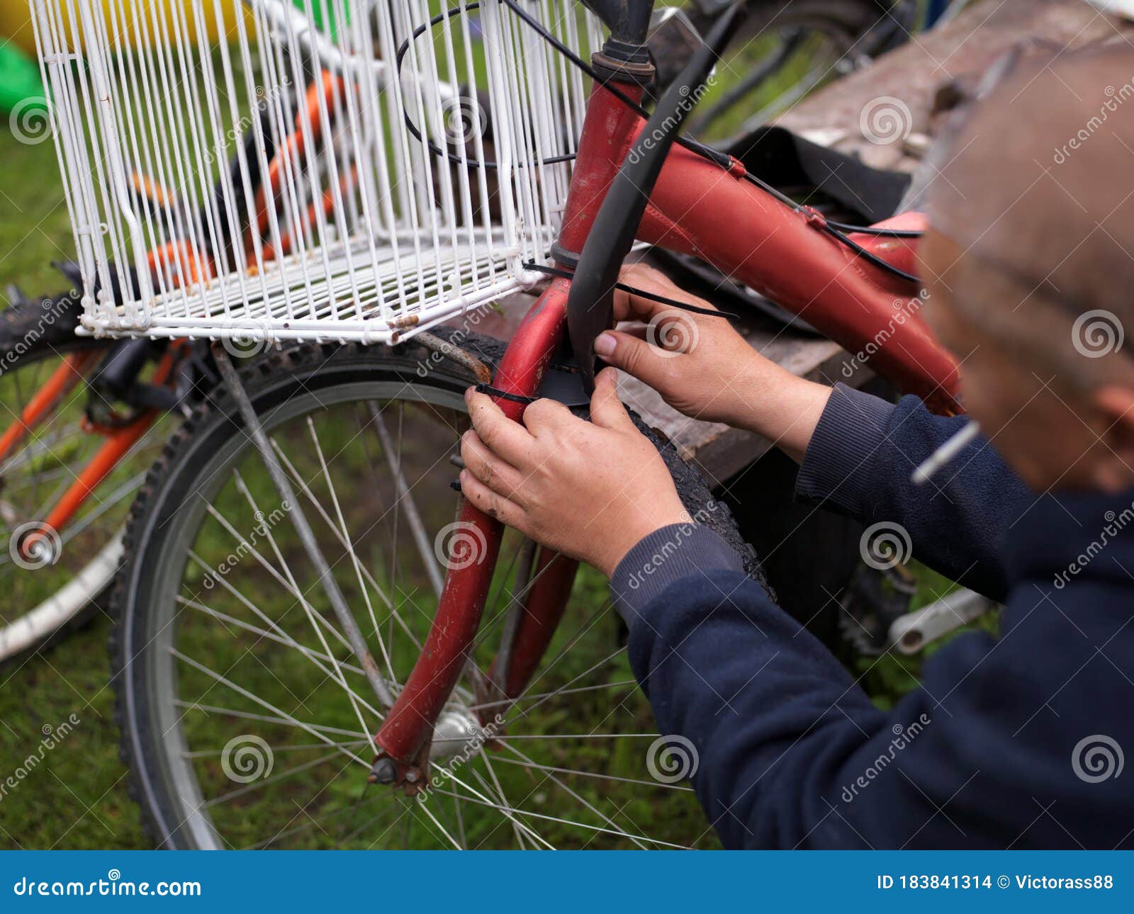 Man fixing bicycle stock photo. Image of outdoors, workshop - 183841314