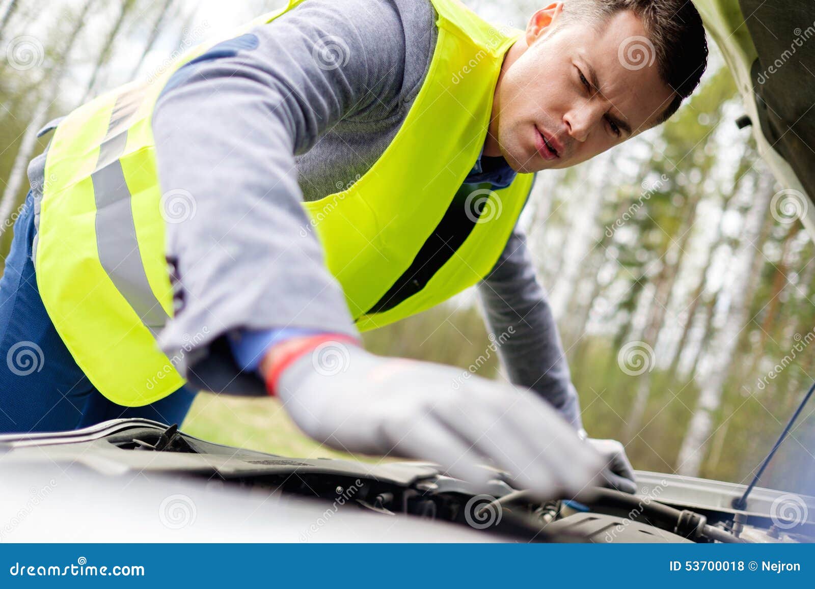 Man fixing broken car stock photo. Image of service, hood - 53700018