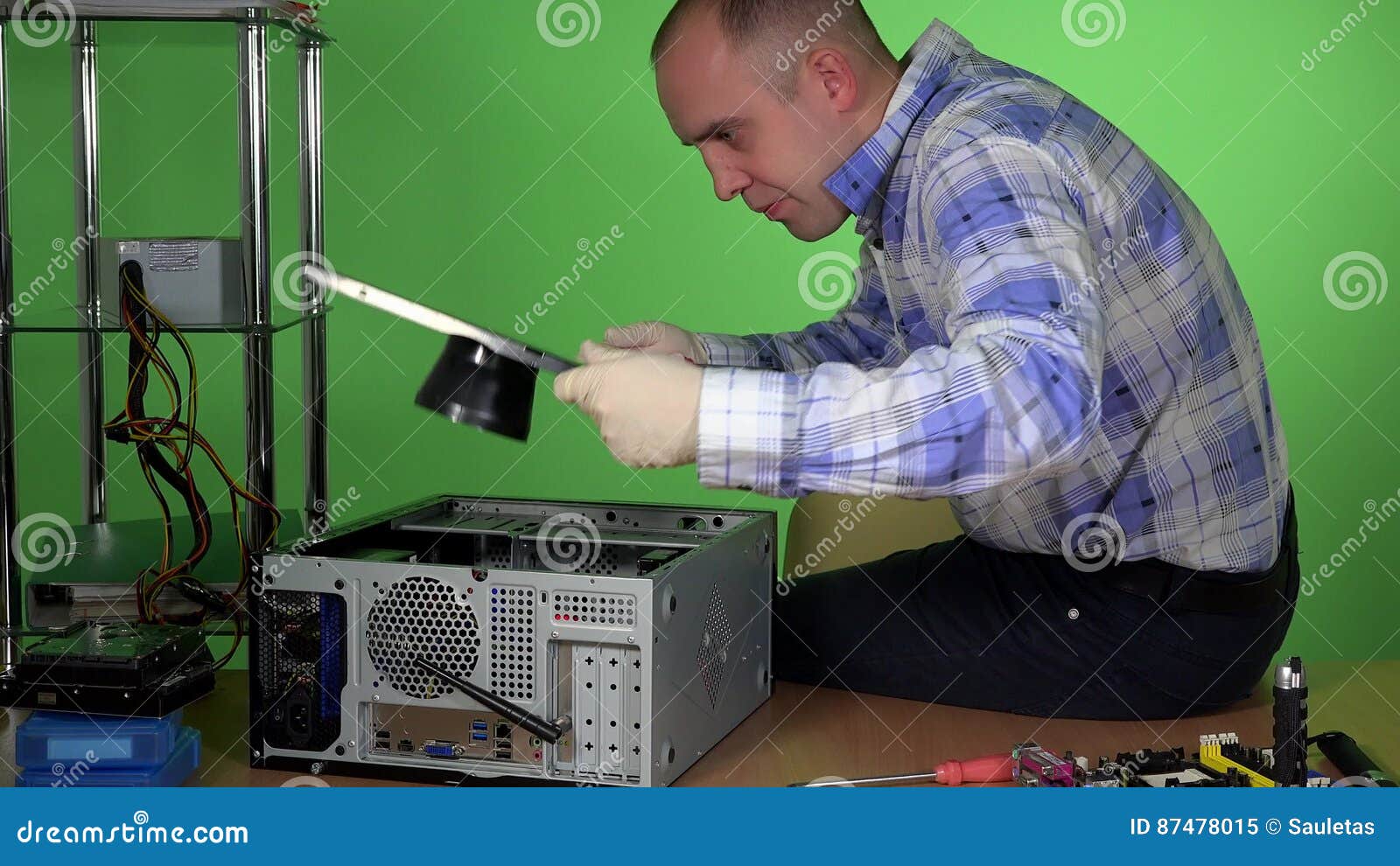 Man Fixing Broken Computer at Office. Guy Close Desktop Pc Case Sitting ...