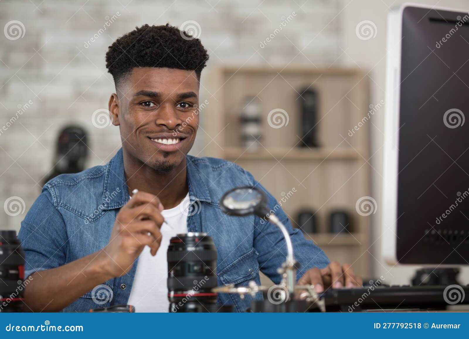 Man Fixing Camera while Repairing Camera Lens Stock Photo - Image of ...