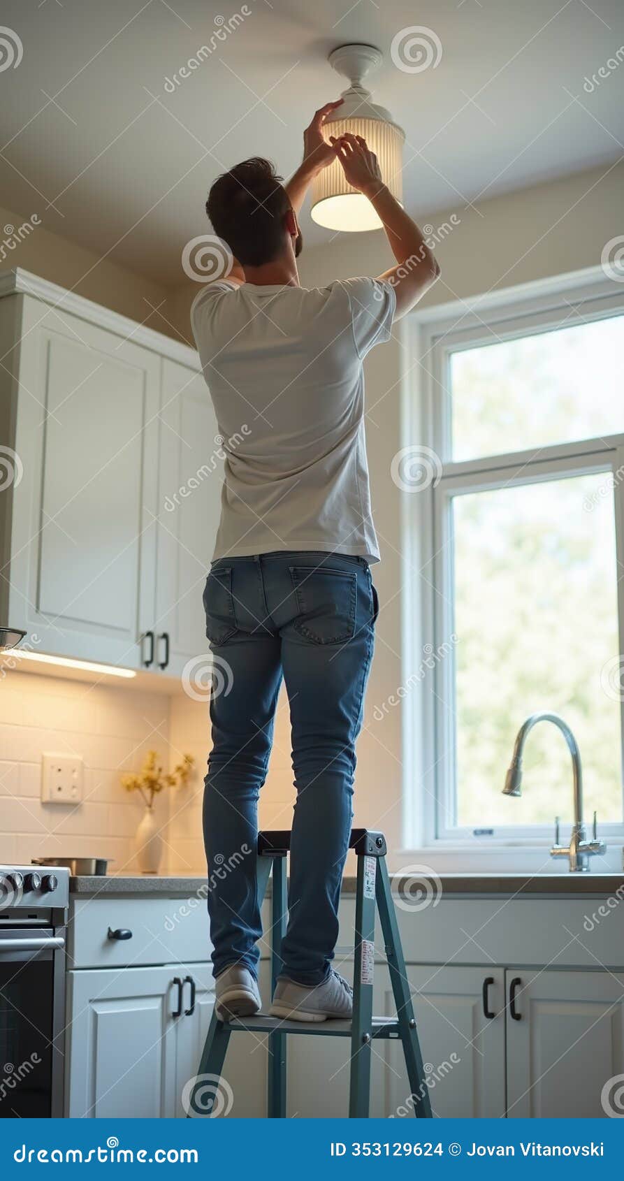 Man Fixing Ceiling Light in Modern Kitchen Using a Stepladder Stock ...