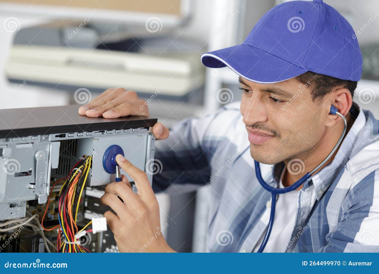 Man Fixing Computer with Stethoscope Stock Photo - Image of trading ...