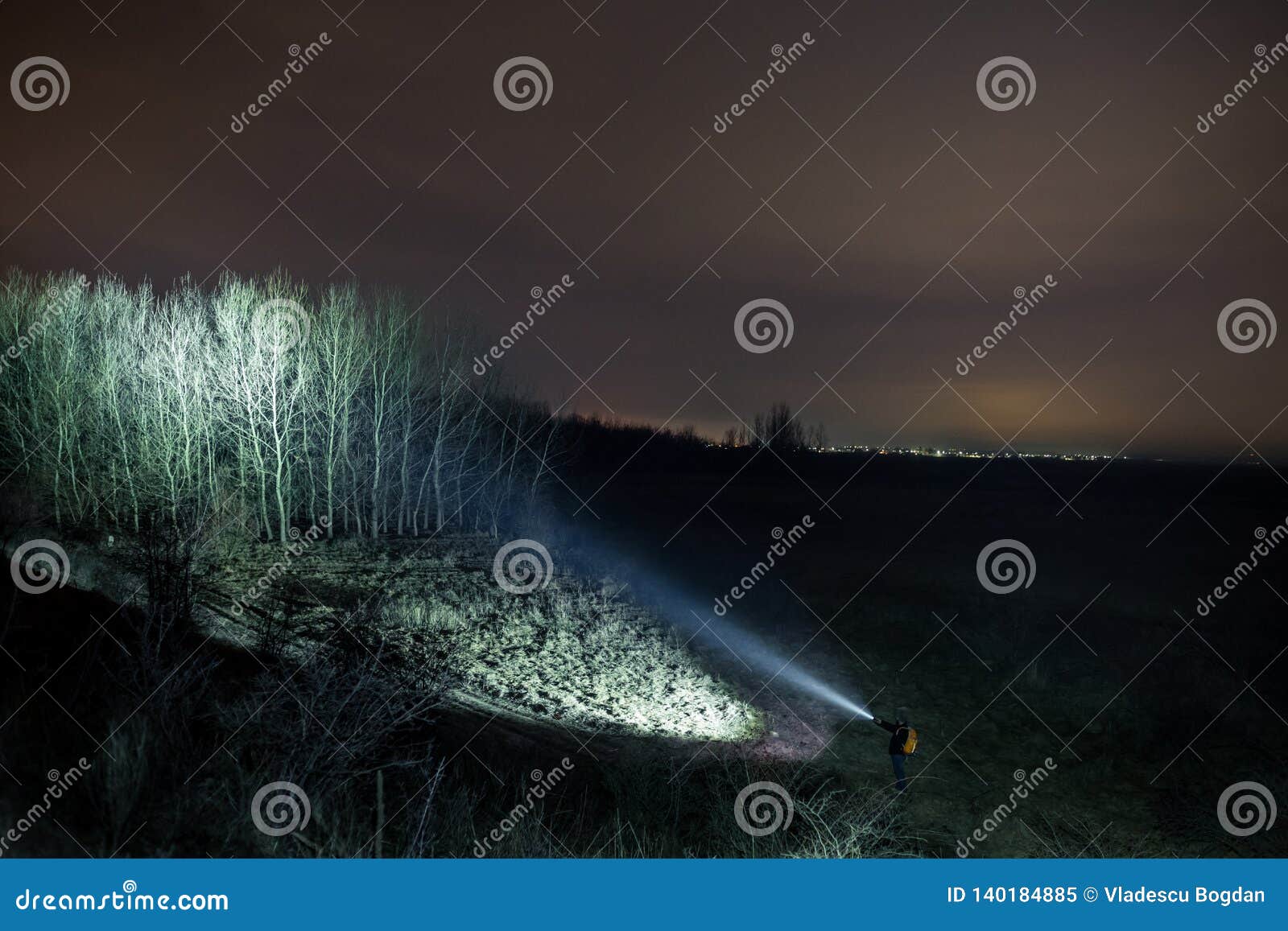 Man with Flashlight in Forest at Night Stock Image - Image of outdoor ...