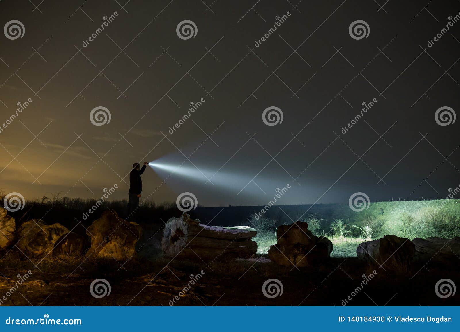 Man with Flashlight in Outdoor at Night Stock Photo - Image of ...