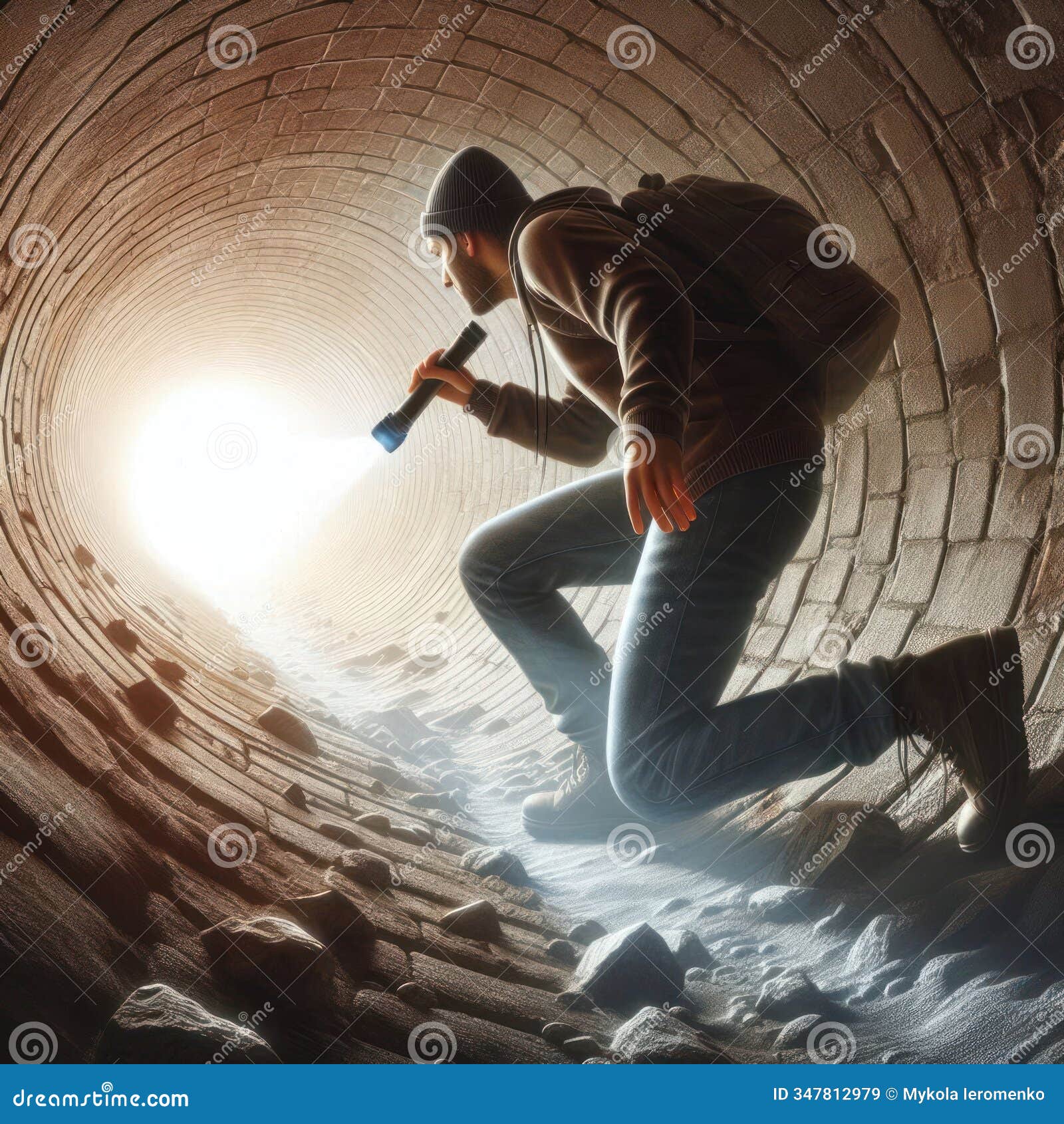 A Man with a Flashlight in an Underground Tunnel. Stock Image - Image ...