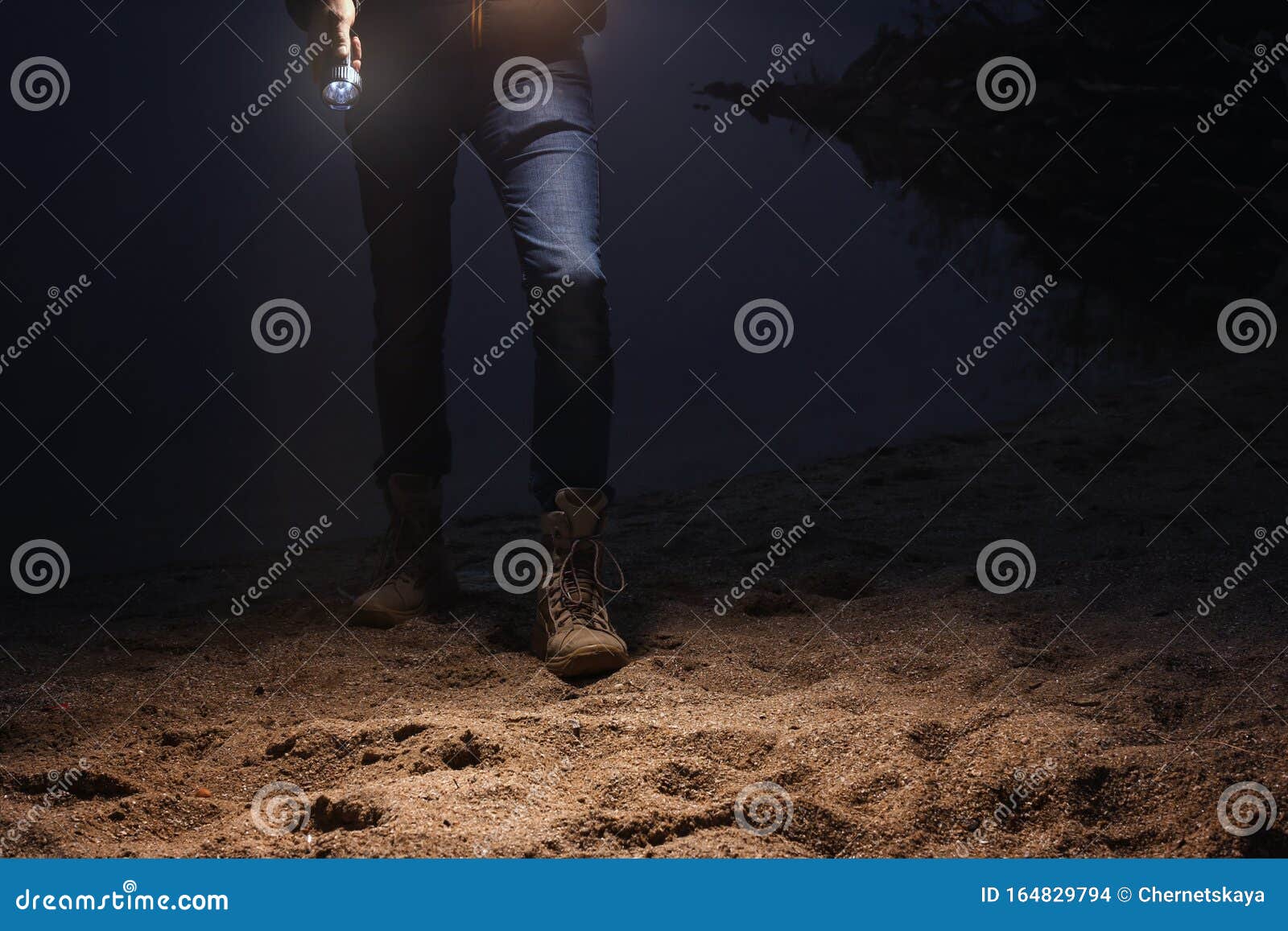 Man with Flashlight Walking at Riverside Stock Photo - Image of nature ...
