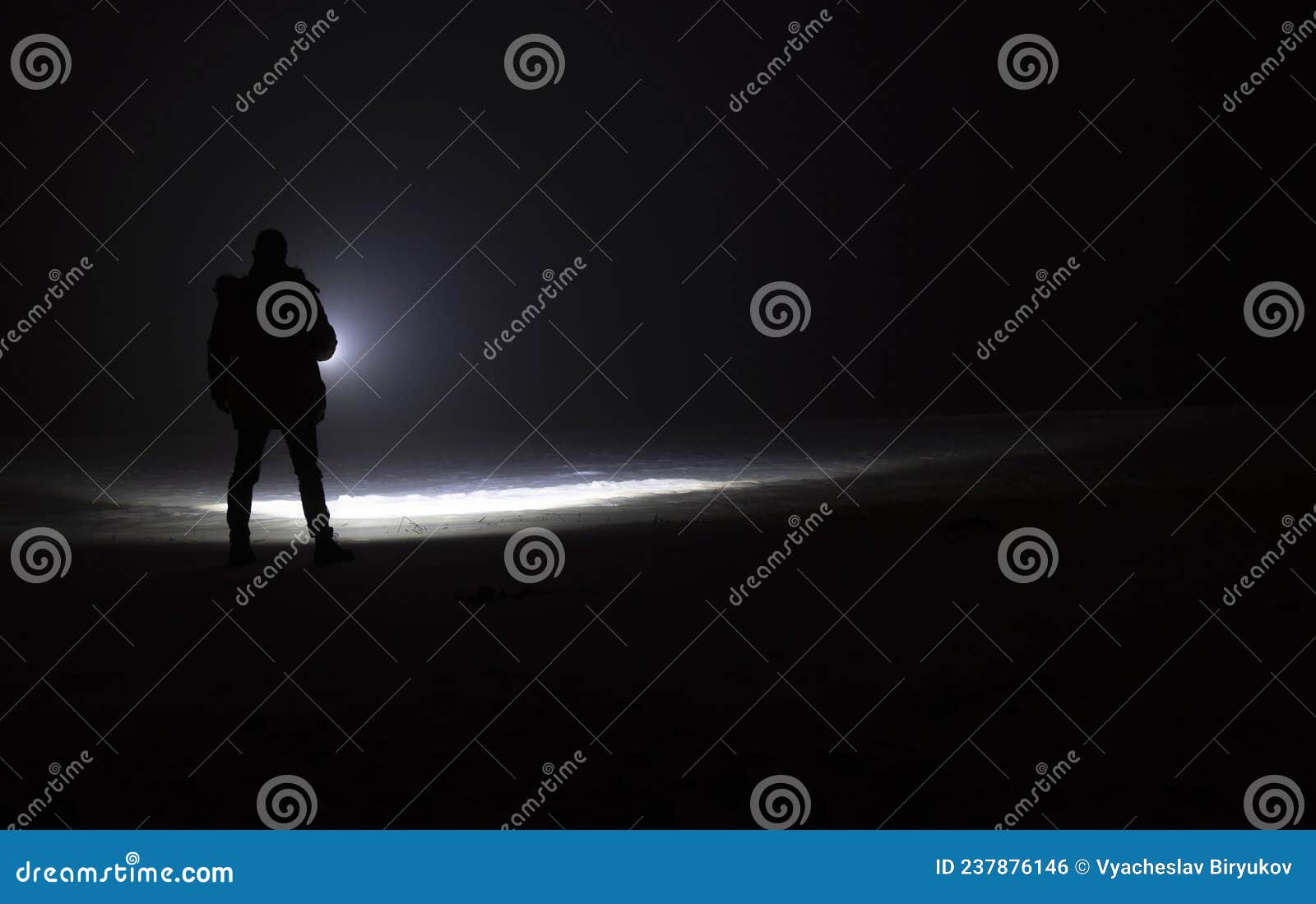 Man with Flashlight in Winter Night Stock Photo - Image of single ...