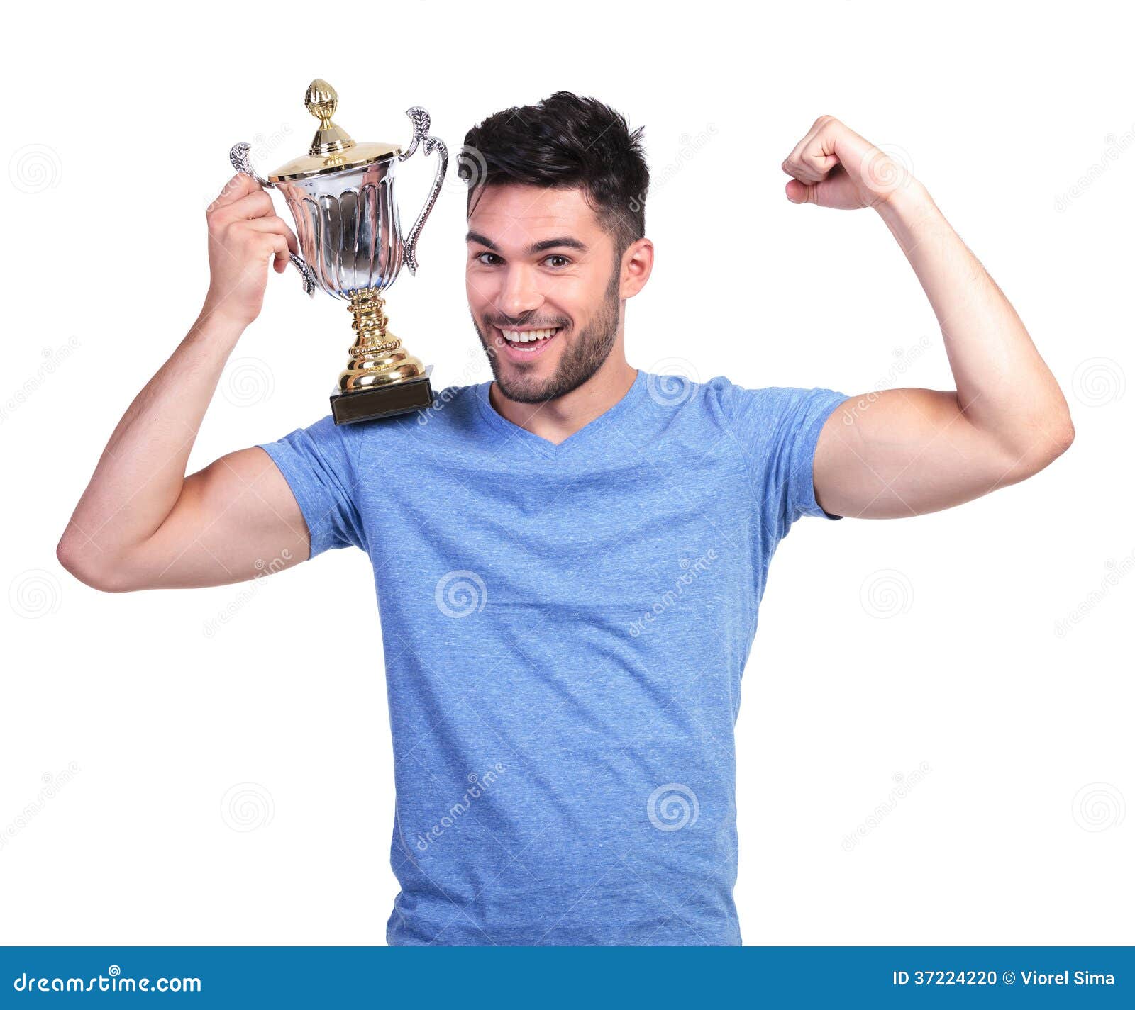 Man Flexing His Muscle And Holding A Trophy Cup Royalty-Free Stock ...