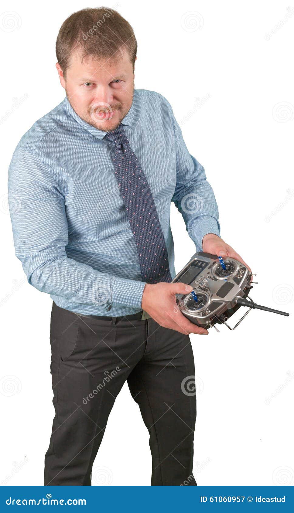 Man with Flight Remote Controller in Hands Close Up View on White ...