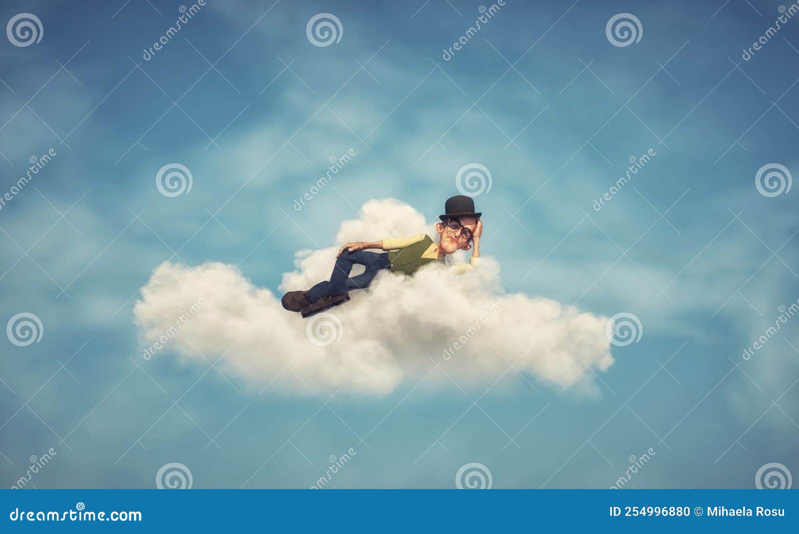 Man Floating Air while Sleeping on a Cloud Stock Illustration ...