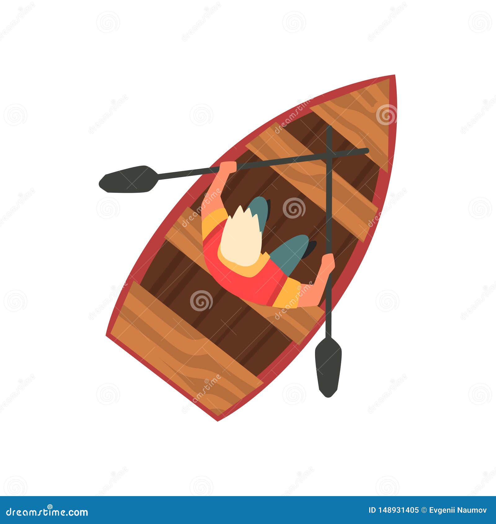 Man Floating on Wooden Boat, Top View Vector Illustration on White ...