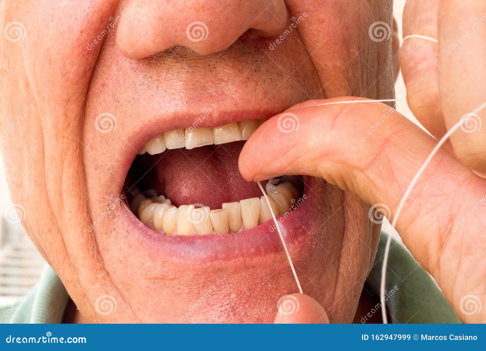 Man Flossing His Front Teeth Stock Image - Image of face, close: 162947999