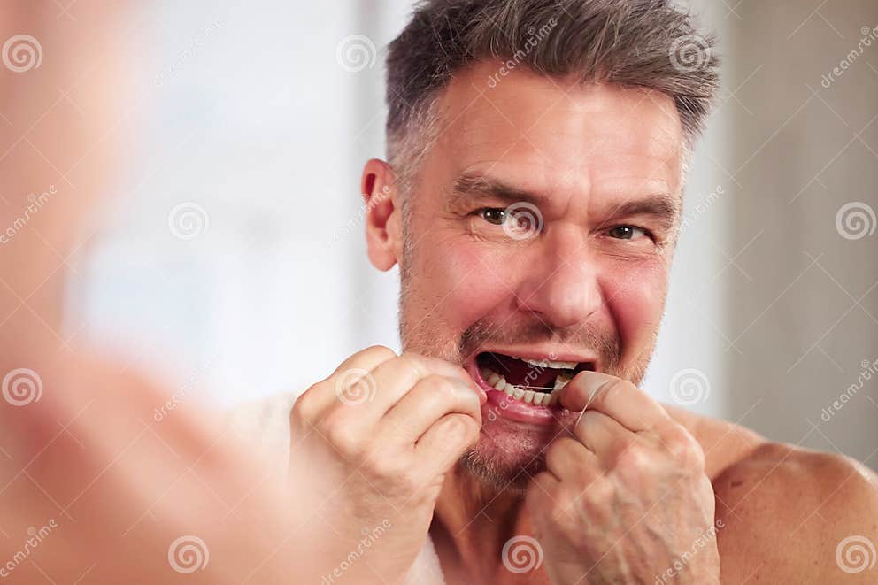Man Flossing Teeth. Cleaning Tooth Stock Image - Image of rinse ...