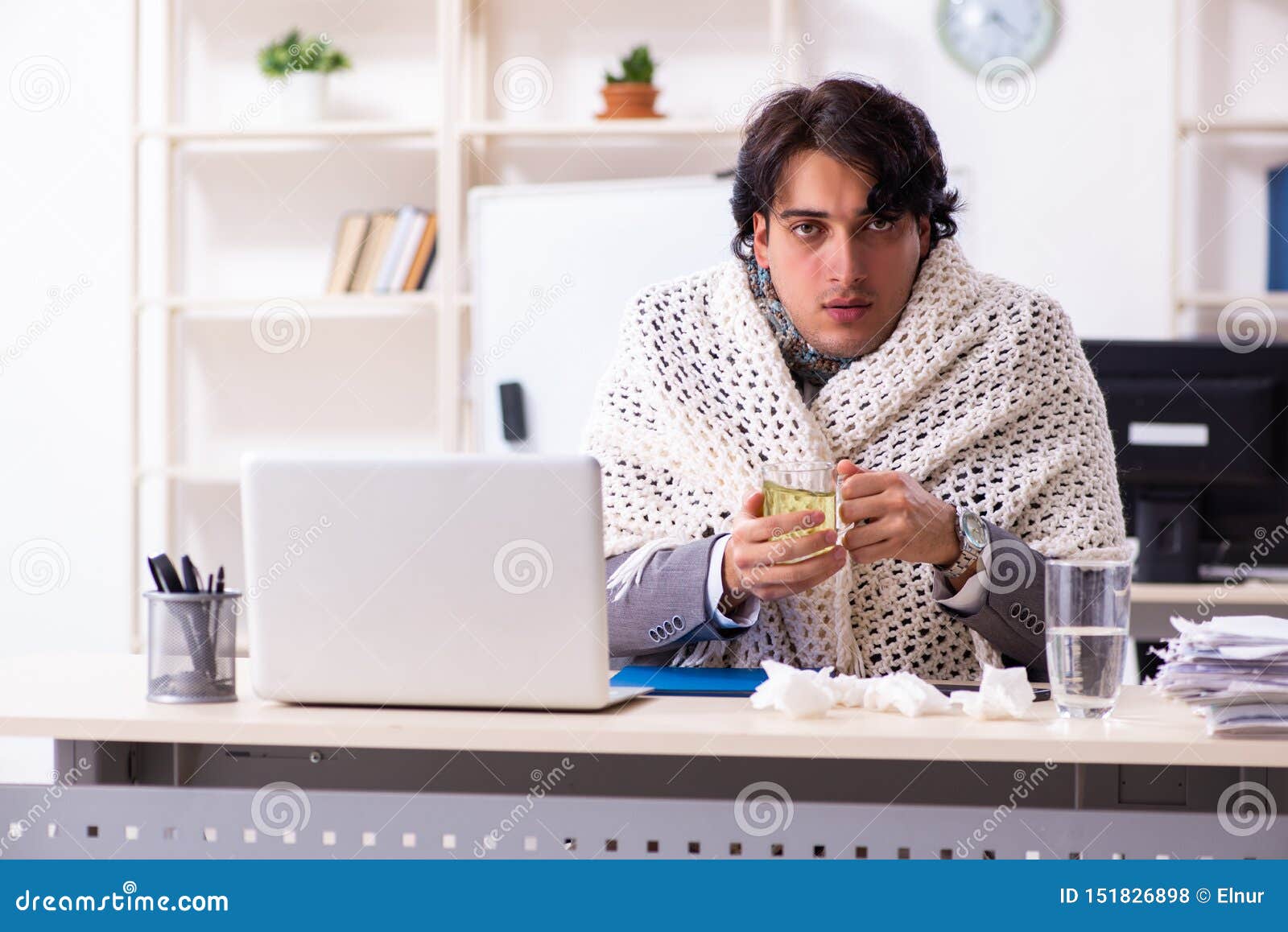 Man with Flu Working in the Office Stock Photo - Image of pills, sick ...