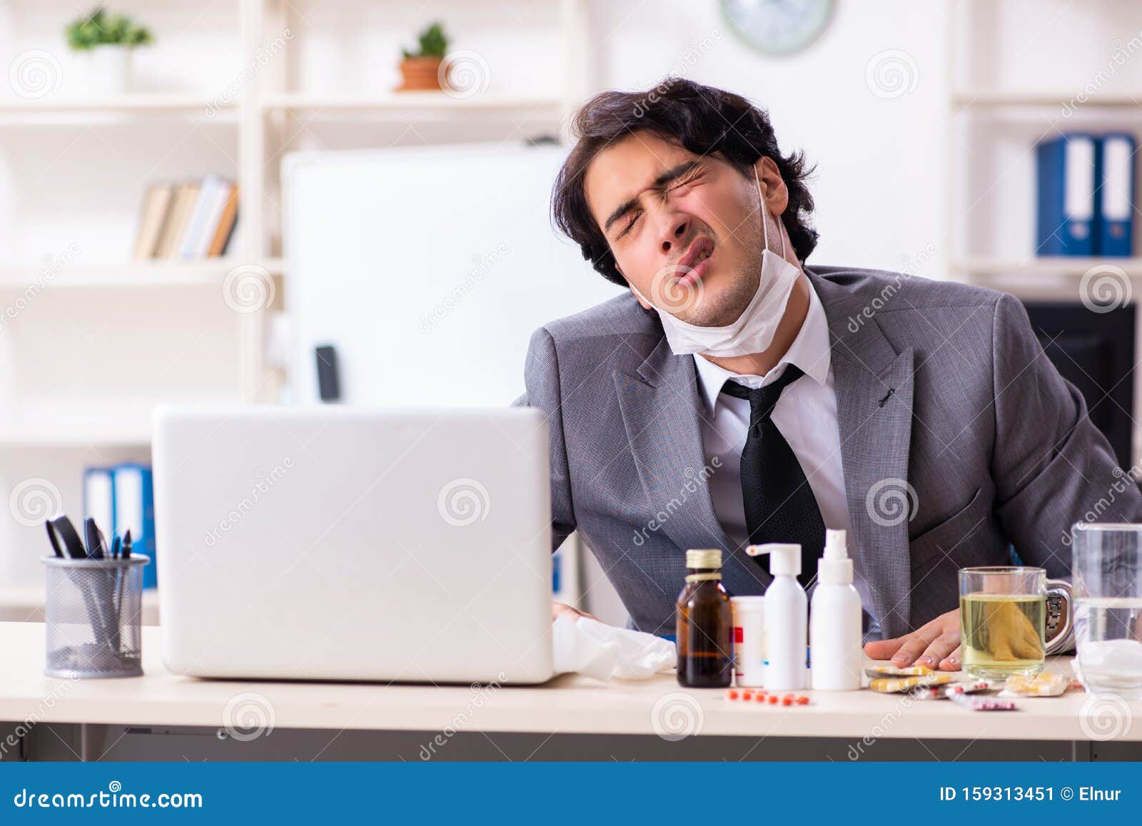 Man with Flu Working in the Office Stock Image - Image of fever ...