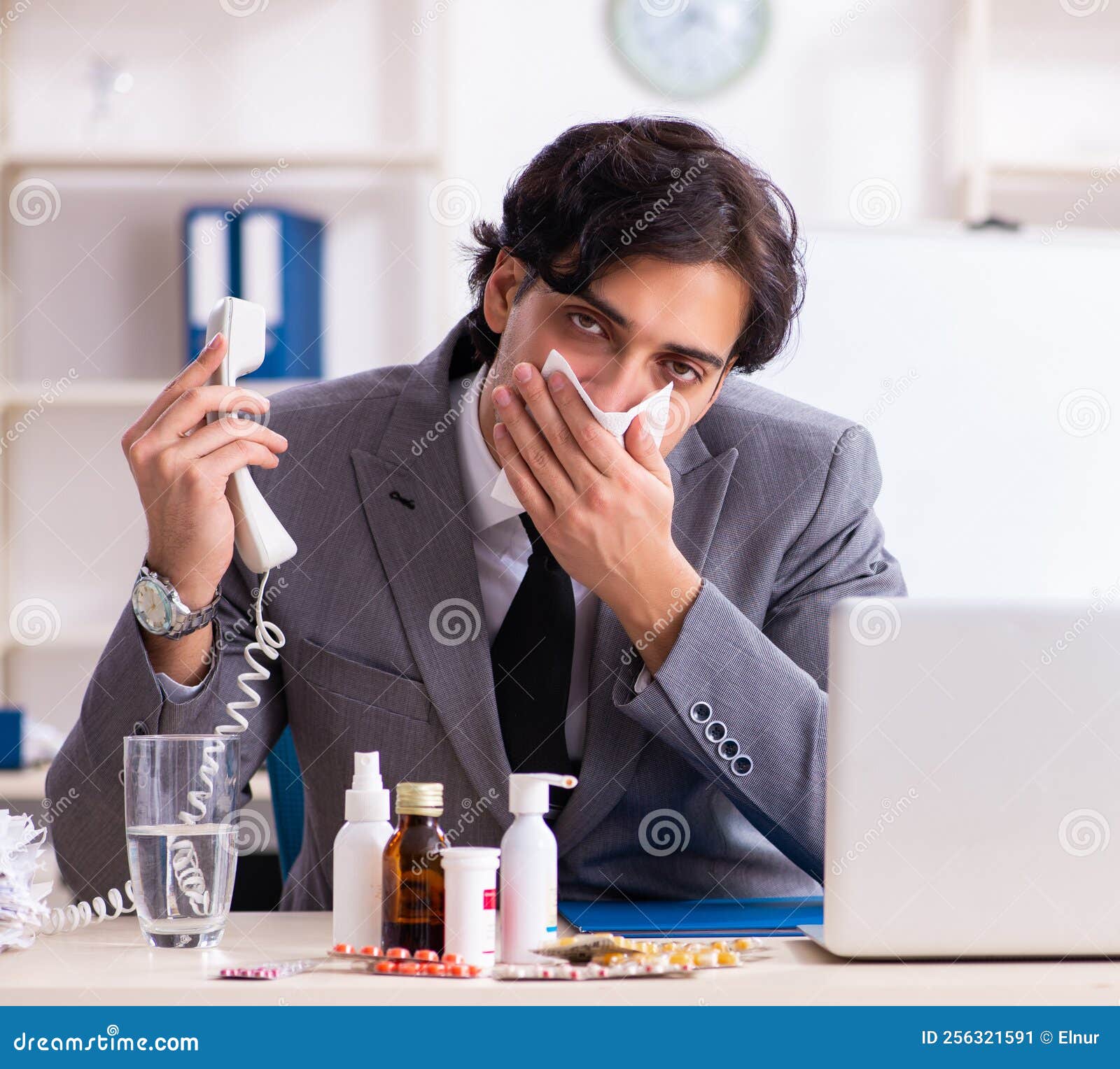 Man with Flu Working in the Office Stock Image - Image of sick ...