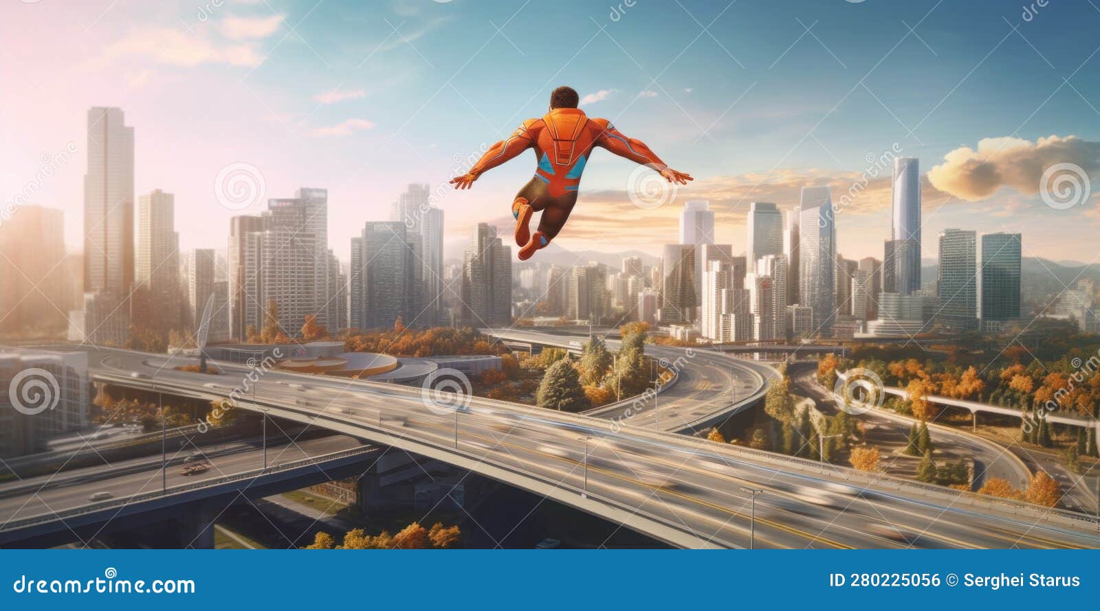 A Man Flying through the Air Over a City. Generative AI Image. Stock ...