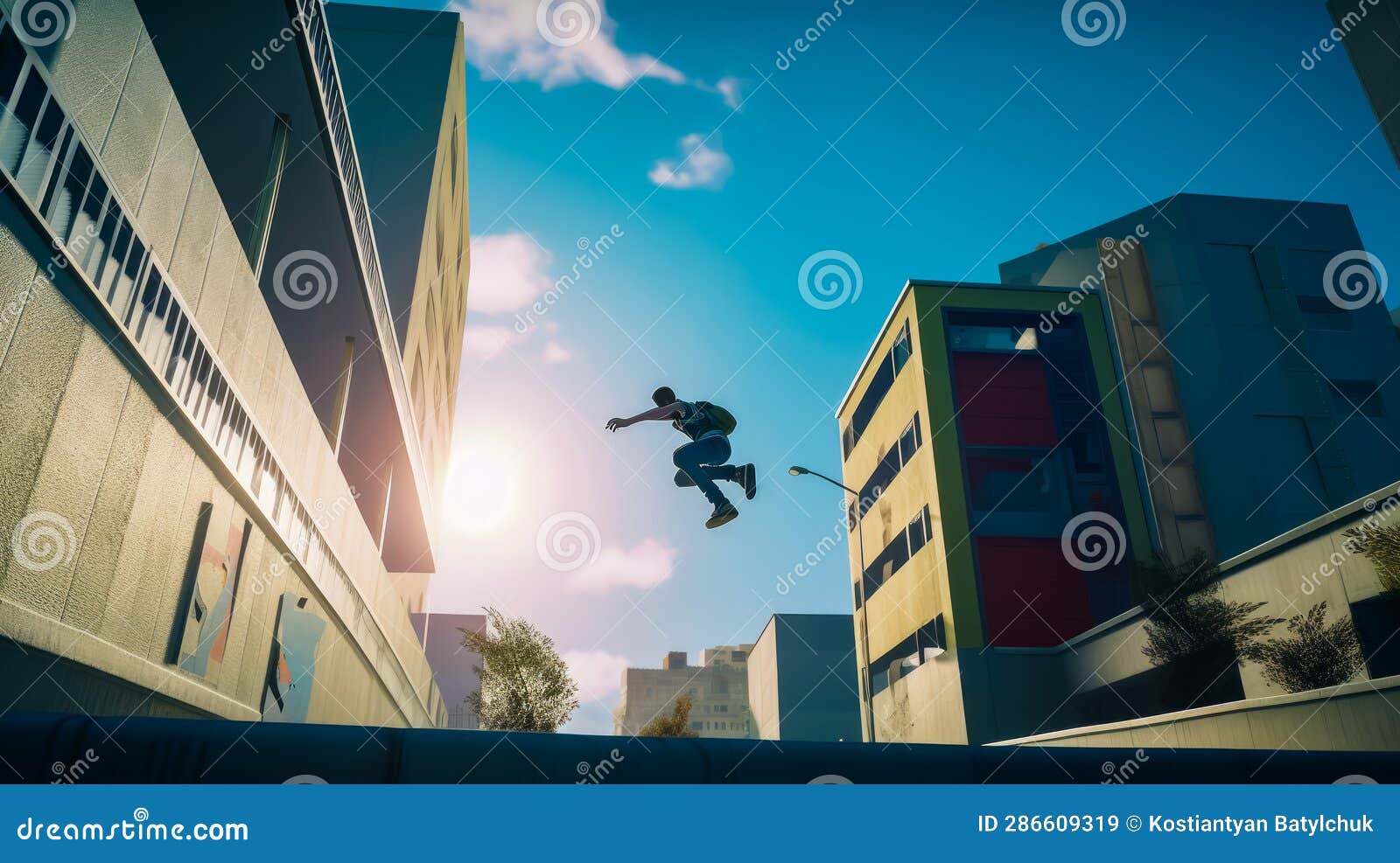Man Flying through the Air while Riding Skateboard in City Stock ...