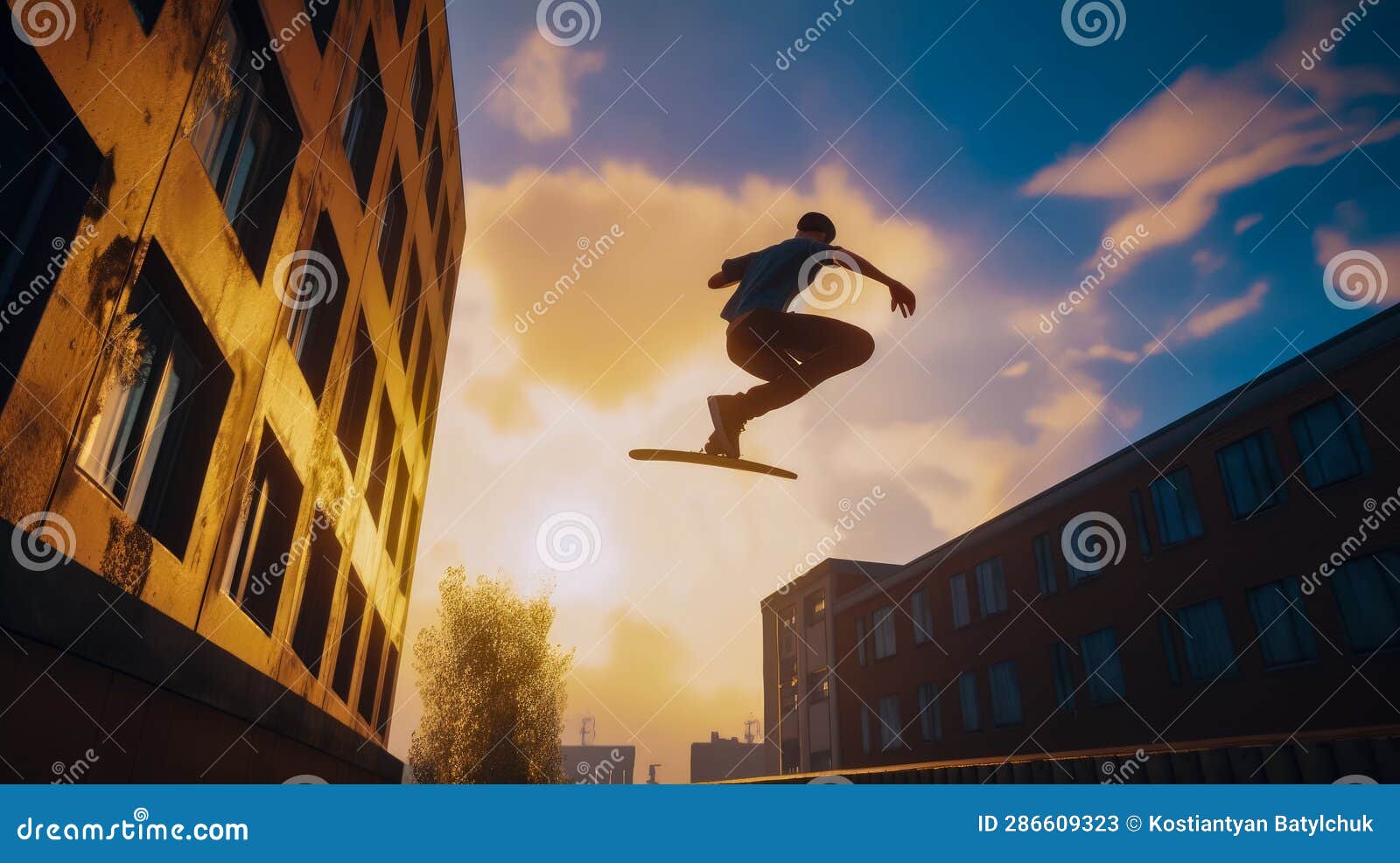 Man Flying through the Air while Riding Skateboard in Front of Tall ...