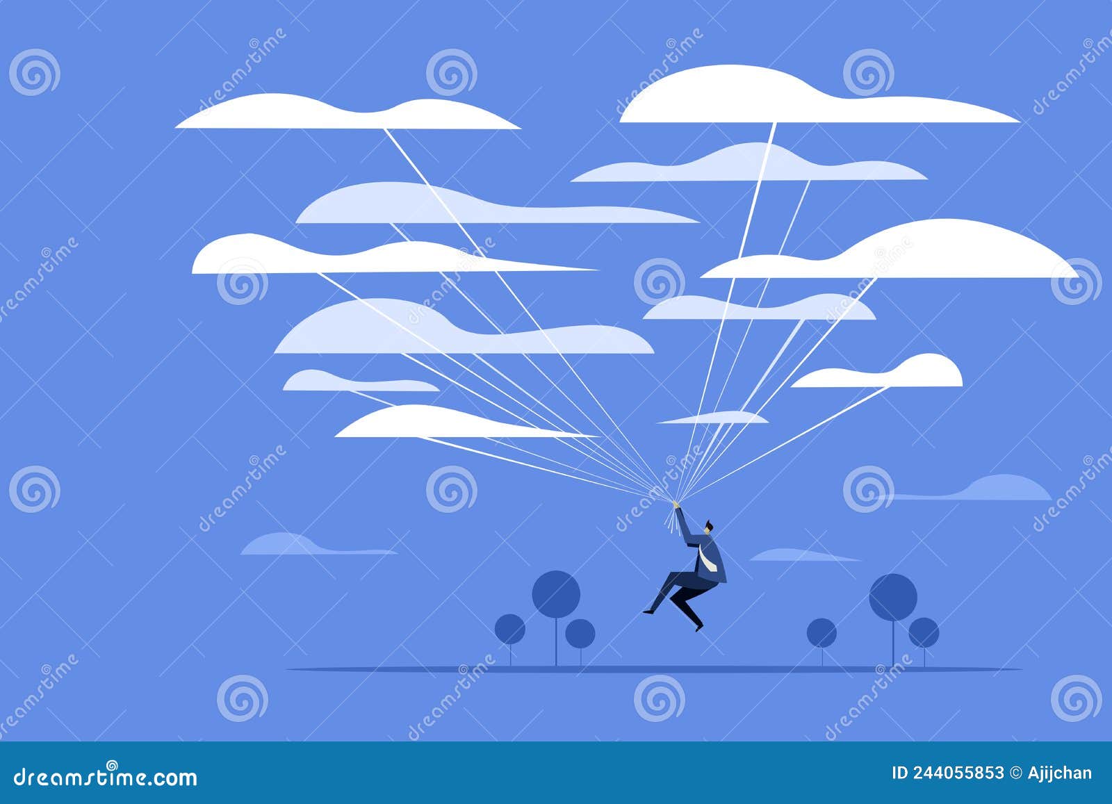 A Man Flying Up Holding the Strings Attached To Clouds Stock Vector ...