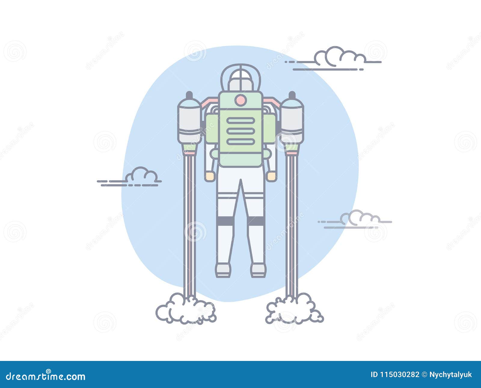 Man Flying With Jetpack In Blue Sky With Clouds. Start With Dense ...