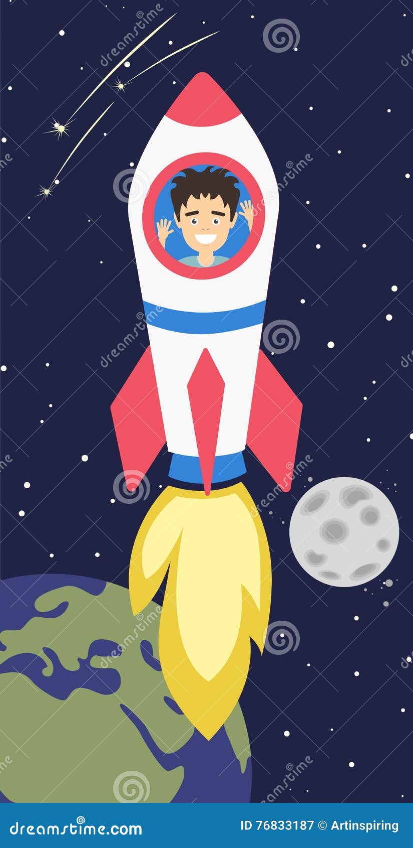 Man flying in rocket. stock vector. Illustration of background - 76833187