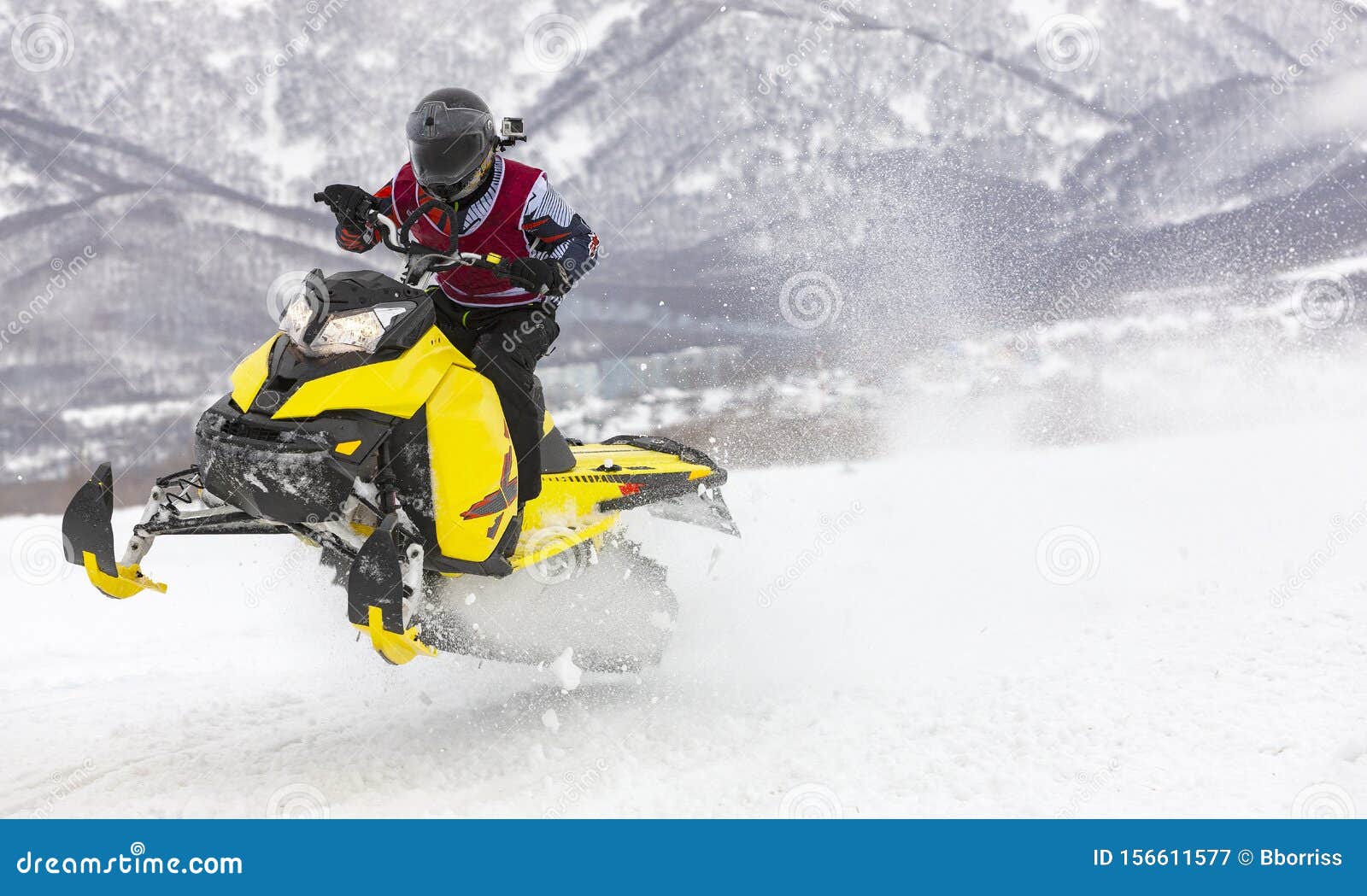 Snowmobile On A Background Of Beautiful Mountains Royalty-Free Stock ...