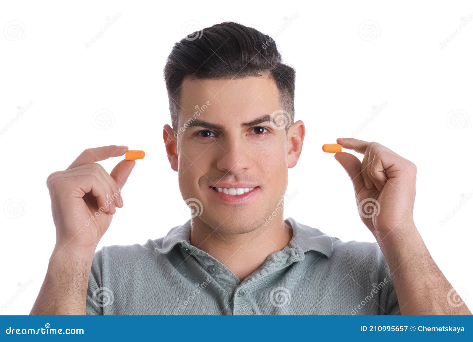 Man with Foam Ear Plugs on White Background Stock Image - Image of male ...