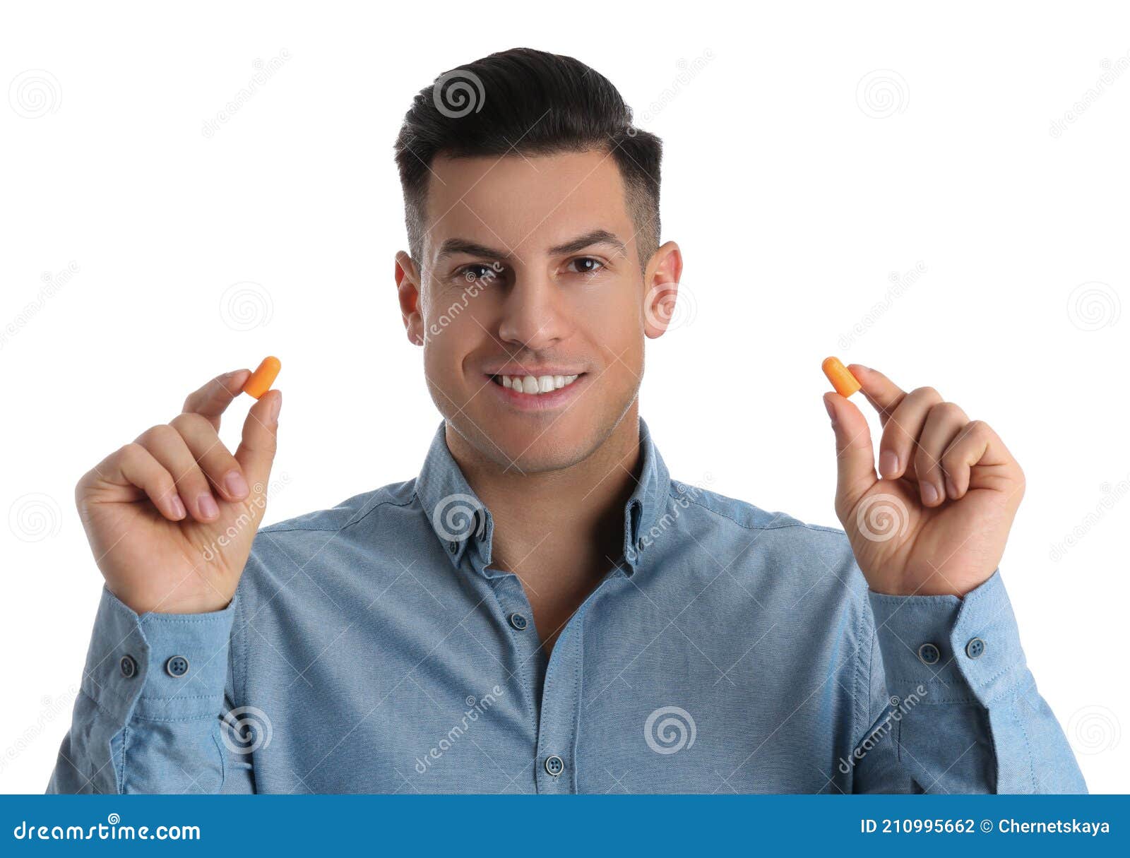 Man with Foam Ear Plugs on White Background Stock Photo - Image of ...