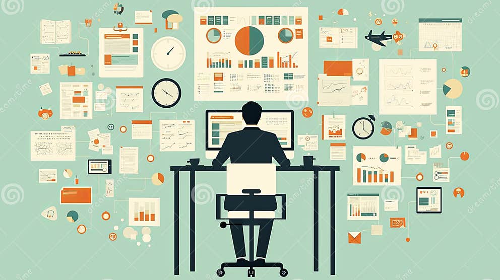 Man Focused in a Desk Work Environment Surrounded by Analytical Data ...