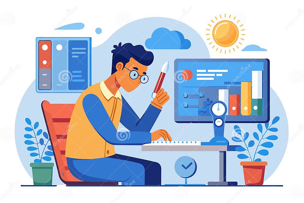 A Man is Focused on His Computer, Analyzing Temperature Data with a ...