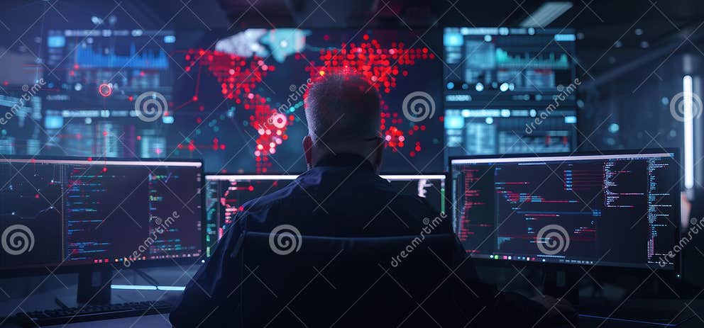 Man Focused on Multiple Computer Screens Displaying World Map with Red ...
