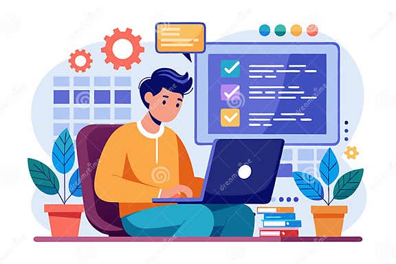 A Man is Focused on Programming Software Concepts while Sitting at a Contemporary Workspace with ...