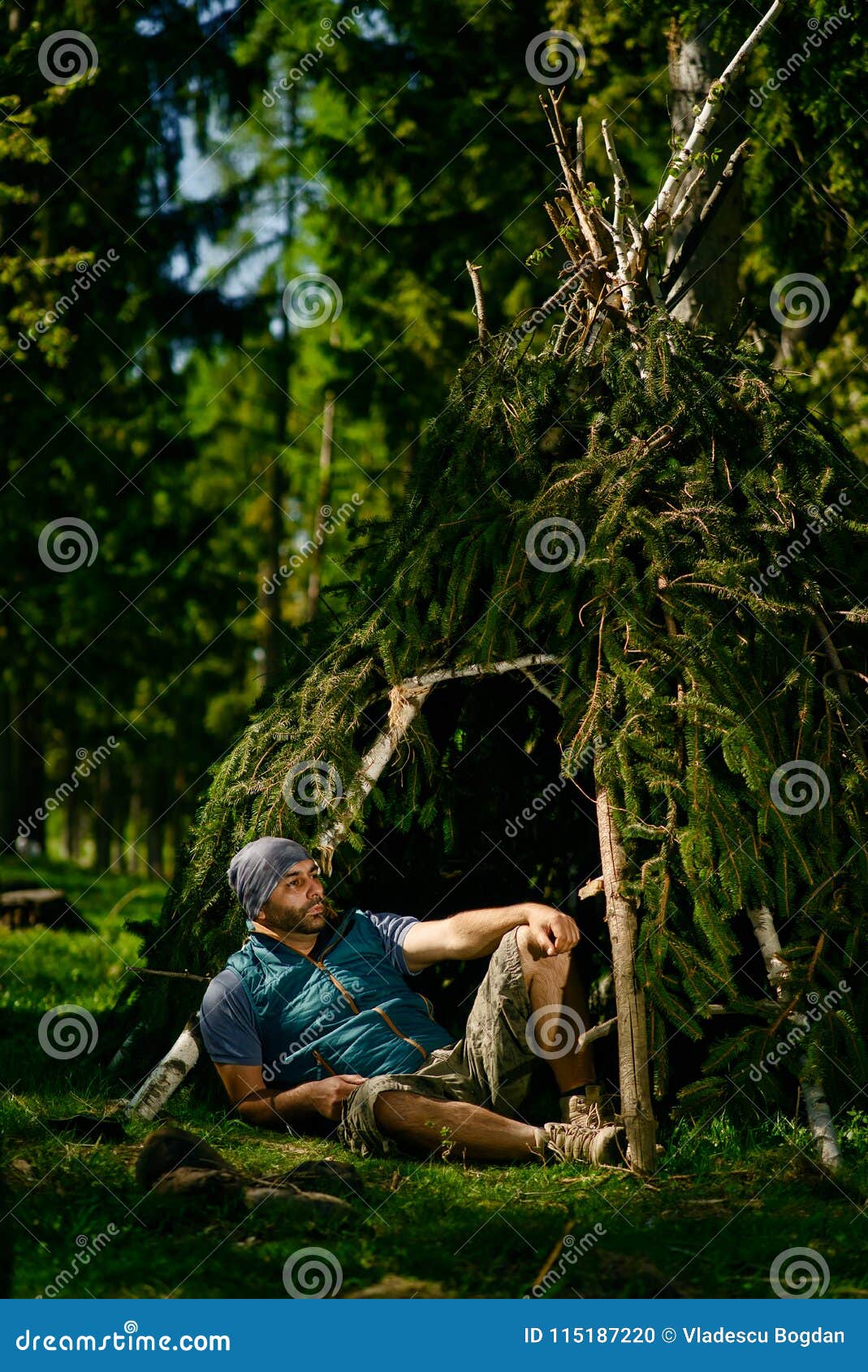 Man in forest stock photo. Image of wild, travel, shelter - 115187220