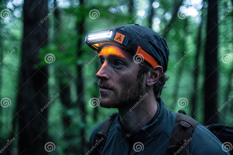 Man in a Forest Wearing a Headlamp and a Backpack Stock Illustration ...