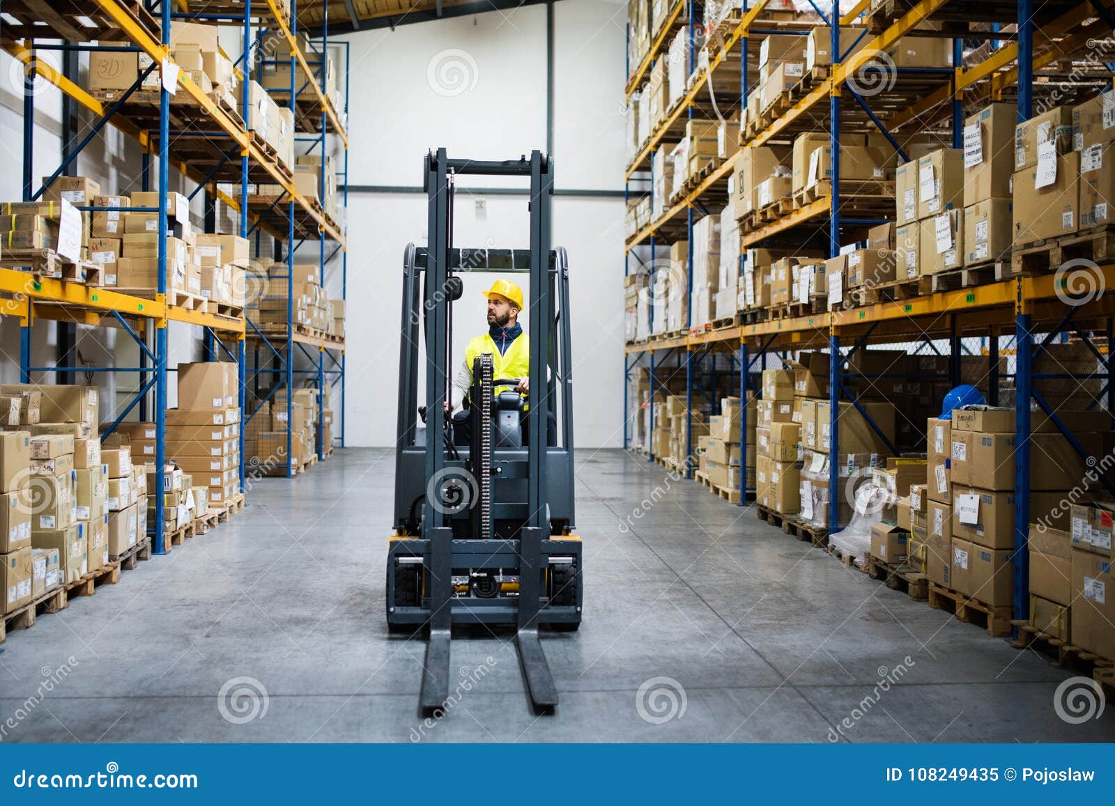 Warehouse Man Worker with Forklift. Stock Image - Image of shelf ...