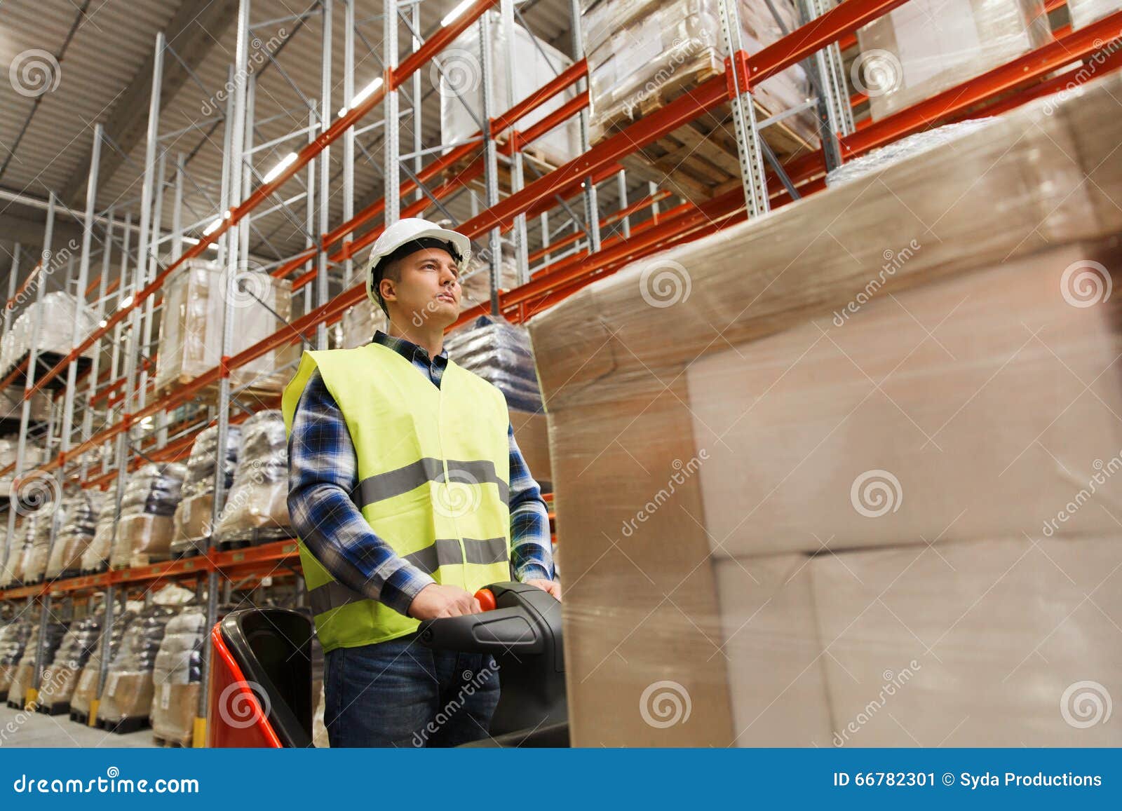 Man on Forklift Loading Cargo at Warehouse Stock Image - Image of ...