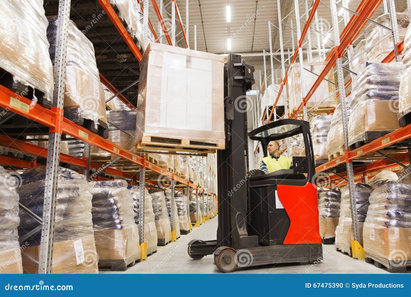 Man on Forklift Loading Cargo at Warehouse Stock Photo - Image of goods ...