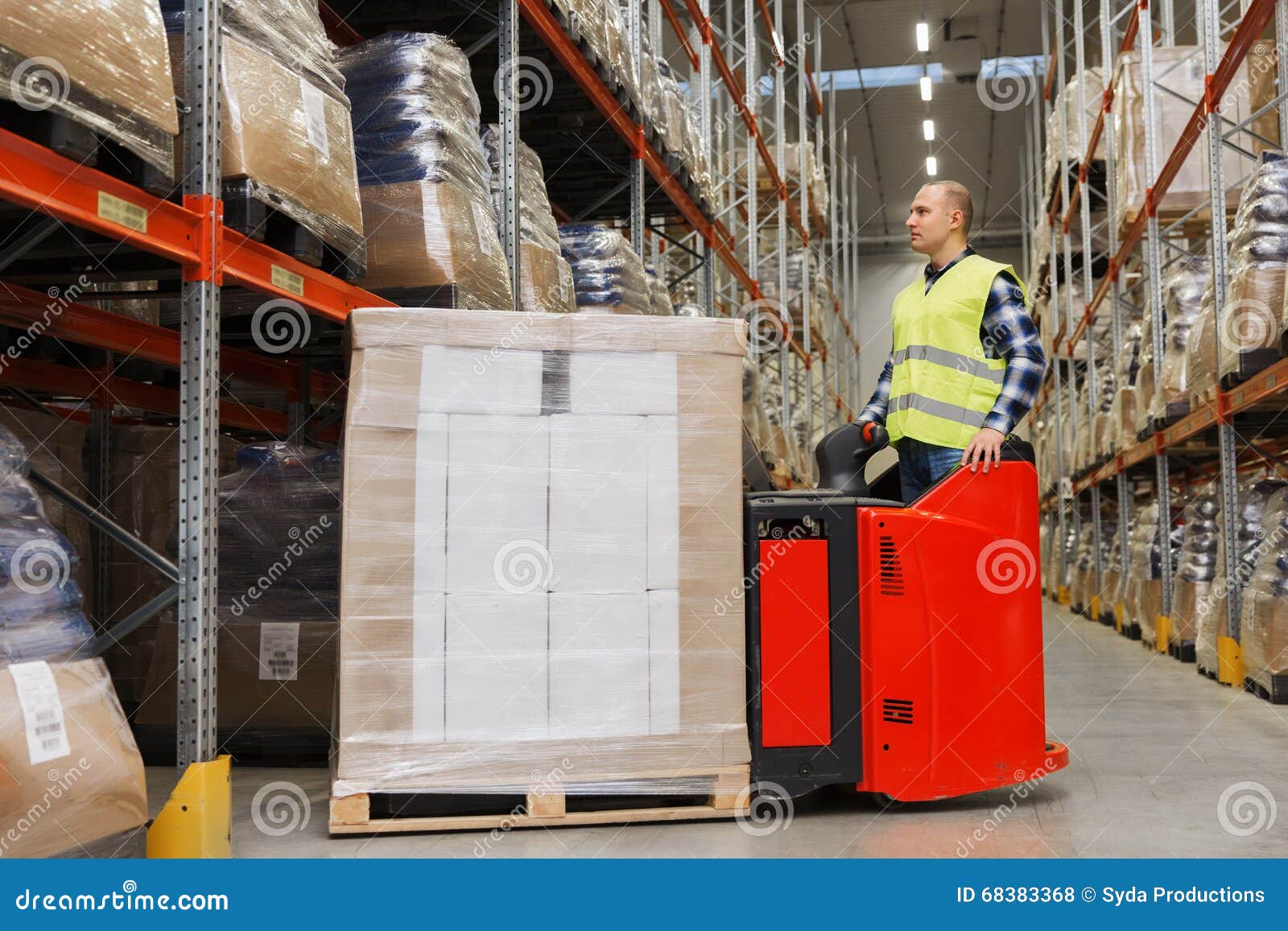 Man on Forklift Loading Cargo at Warehouse Stock Photo - Image of ...