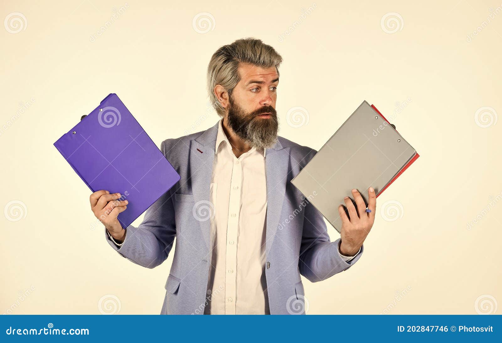 Man in Formal Suit Holding Clipboard Looking Information. Businessman ...