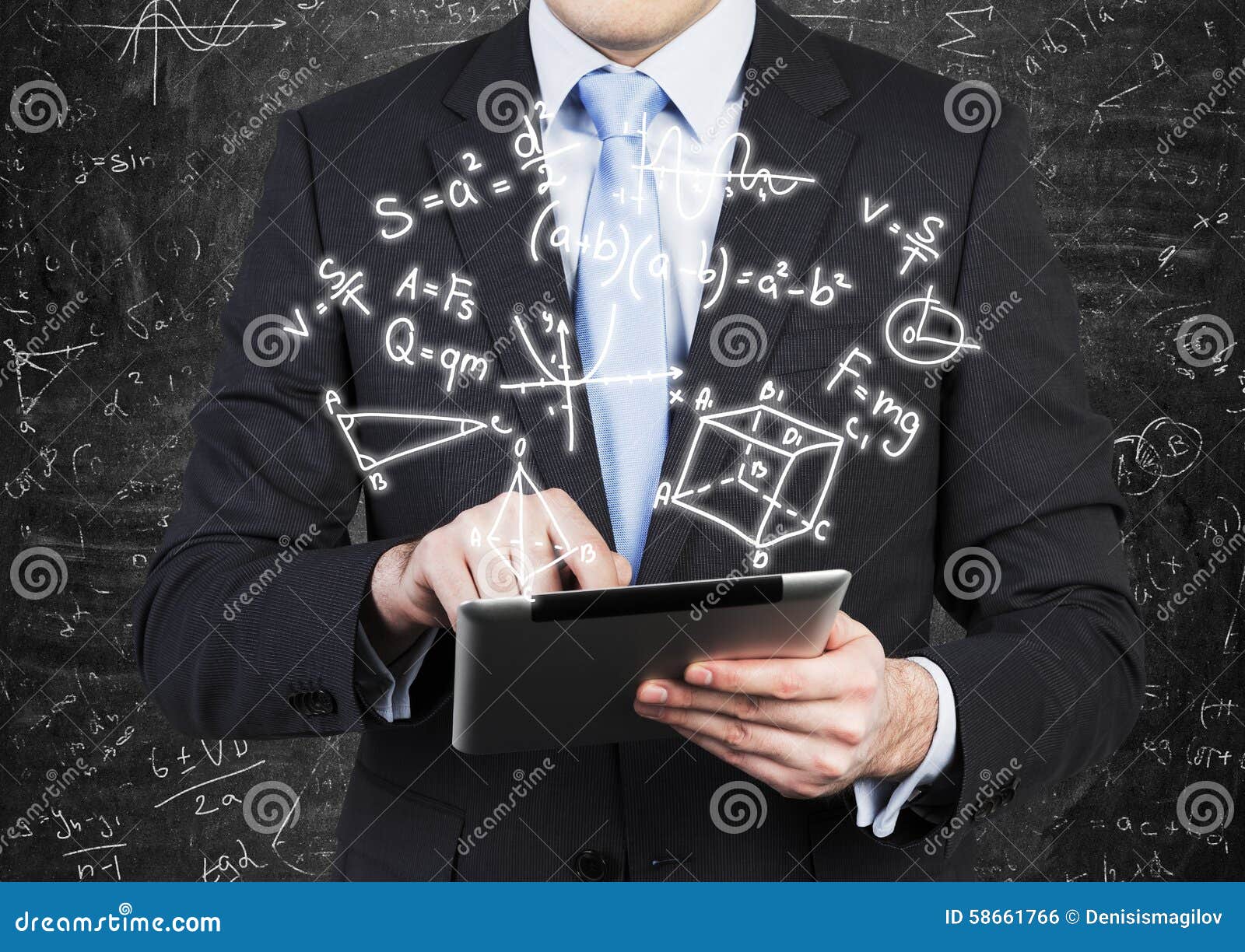 Man in Formal Suit is Holding a Tablet with Math Formulas Projection on ...
