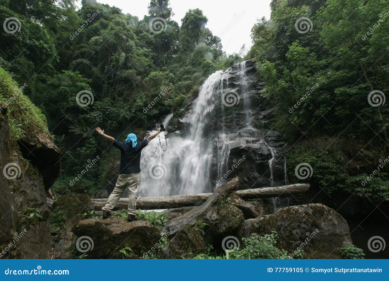 Man Freedom in Natural Water Fall in Jungle Stock Image - Image of ...