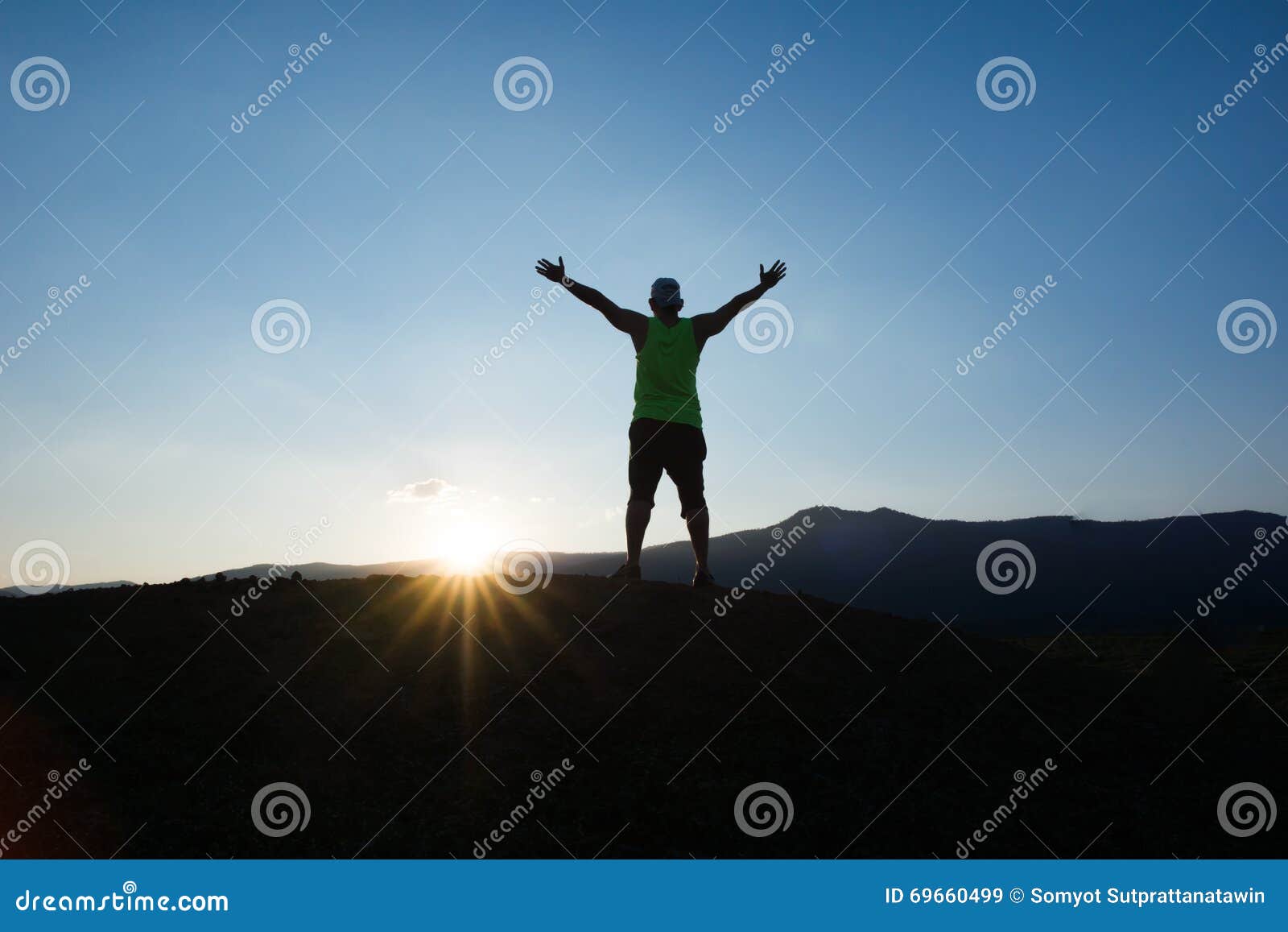 Man Freedom at Sunset Blue Sky Stock Image - Image of life, meadow ...