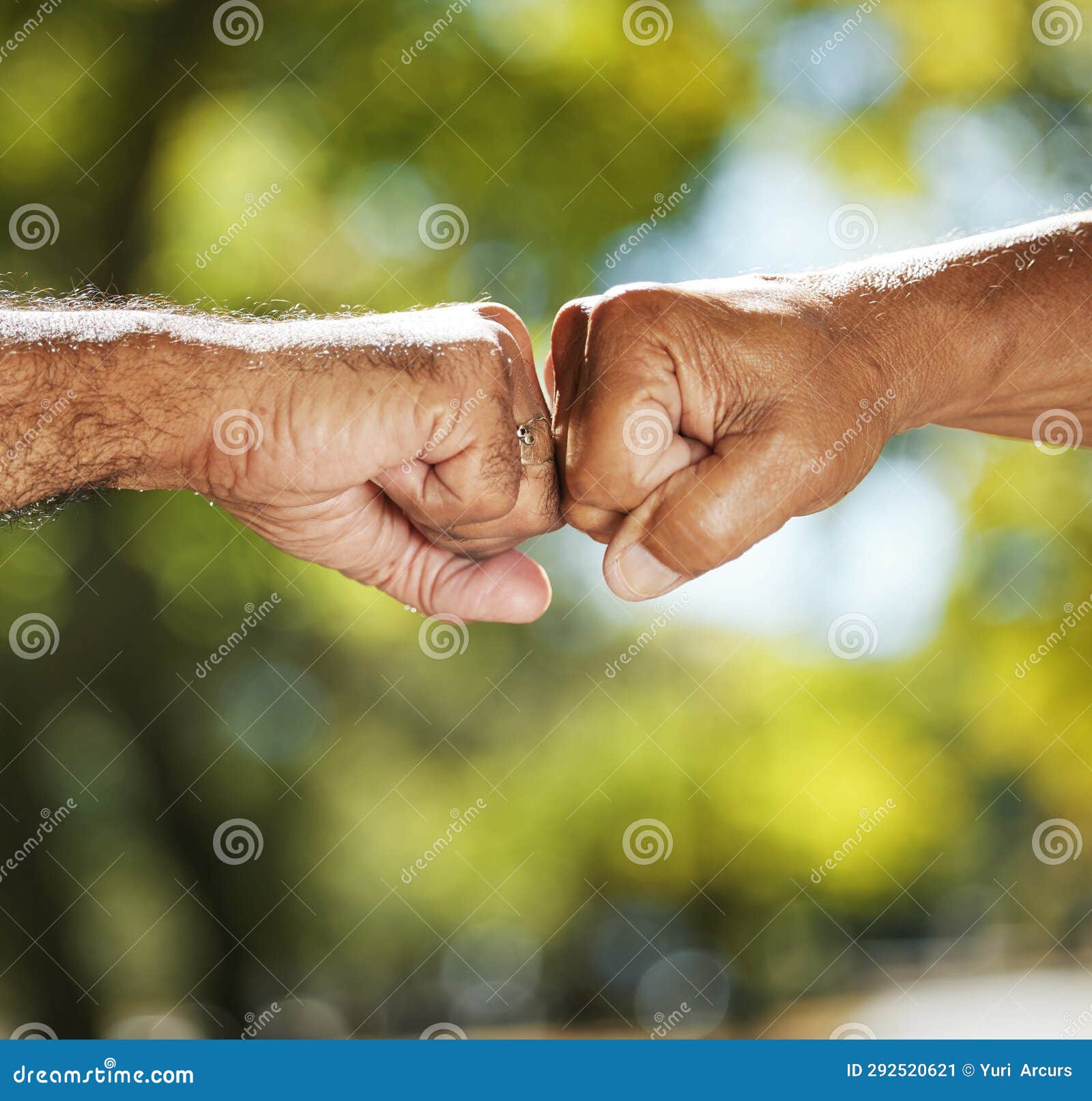 Man Friends And Fist Bump In Nature For Motivation Teamwork Or