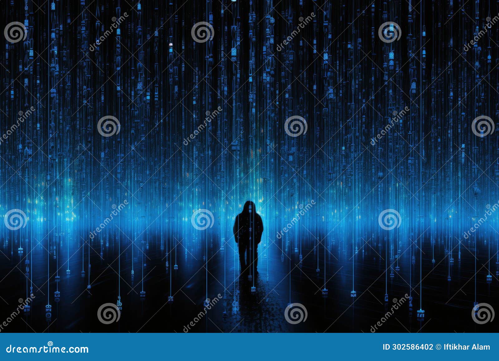 Man In Front Of A Binary Code On A Dark Blue Background Electric Blue Binary Code Rain Ai