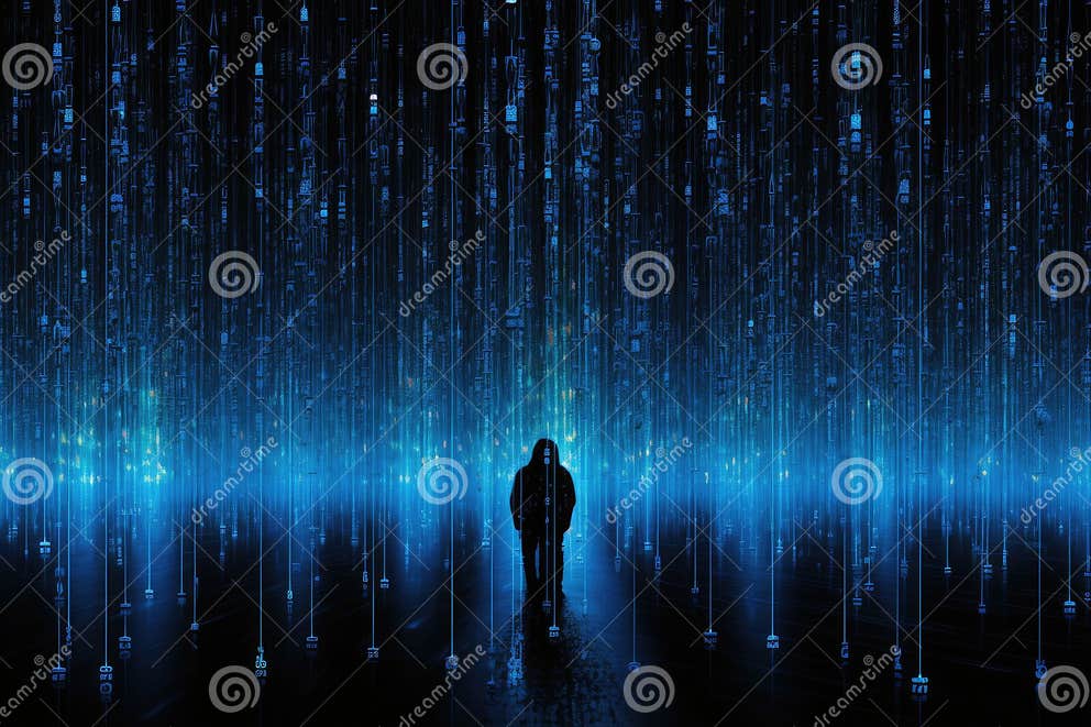Man in Front of a Binary Code on a Dark Blue Background, Electric Blue Binary Code Rain, AI ...