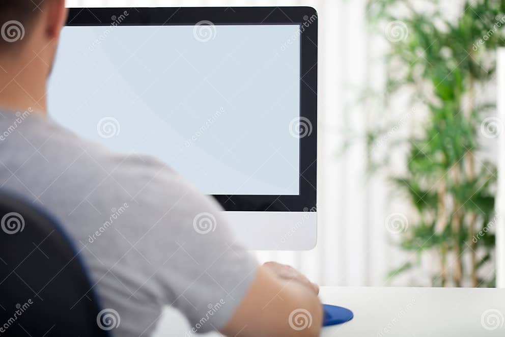 Man in Front of Computer, Back View Stock Photo - Image of business ...