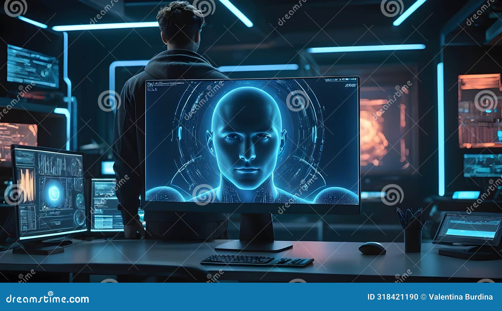 Man in Front of a Computer. 3D Generation Stock Illustration ...