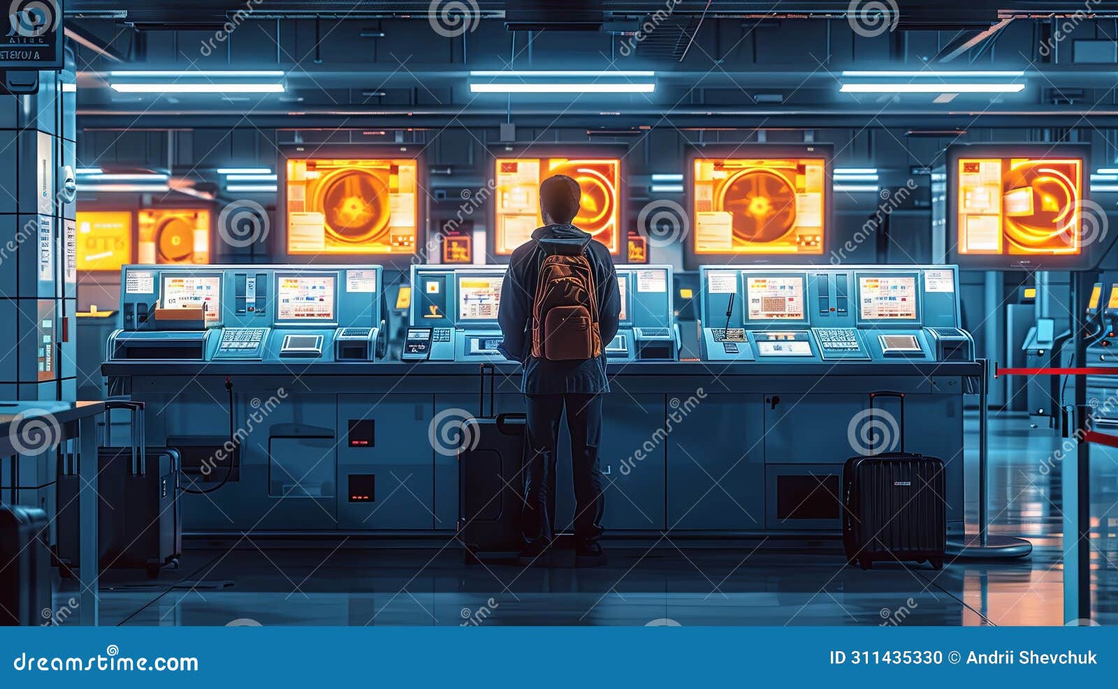 Man in Front of the Control Panel at the Airport Stock Illustration ...